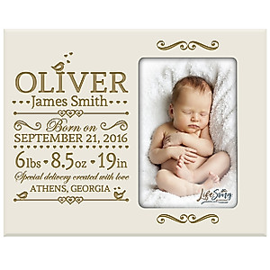 LifeSong Milestones Personalized New Baby birth announcement picture frame for newborn boys and girls Custom engraved photo frame for new mom and dad parents and grandparents (Ivory)