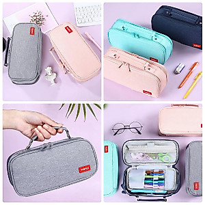 LEENYE Large Capacity Pencil Case Pen Pouch Organizer Canvas Pencil Bag Portable Stationery Bag with Handle, Multi-Compartments School Supplies (Dark Blue)