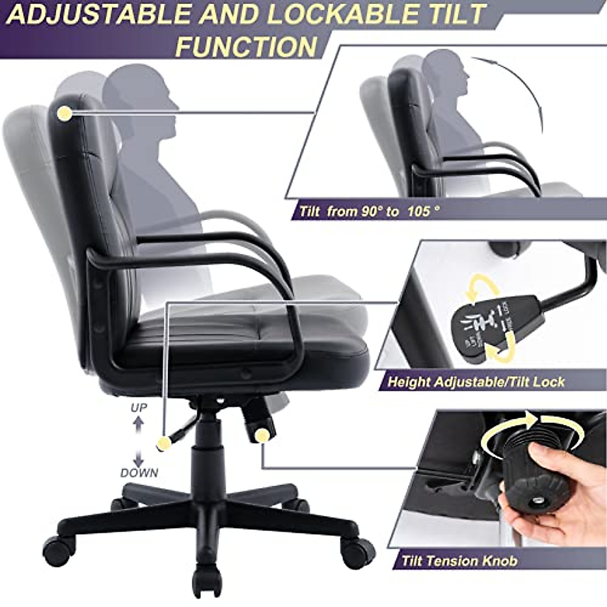 MFD LIVING Task Office Chair Mid- Back Computer Chair, Swivel Armrest Desk Chair PU Leather Tilt Executive Padded Home Office Chair (Black)
