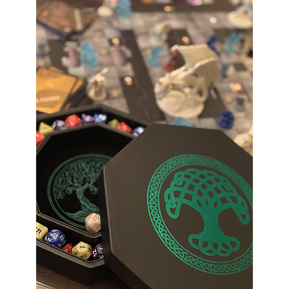 Luck Lab 8 Inch Dice Tray – Green - with Lid and Dice Staging Area for RPG Table Top Gaming- Tree of Life Design
