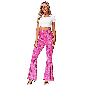Flare Pants for Women 70s 80s Bar-bie Costume Bell Bottom Pink Disco Hippie Pants S
