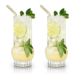 Viski Zenith Deco Crystal Tumbler Set of 2 - Premium Crystal Clear Drinking Glass, Stylish Highball Cocktail Glassware Gift Set, 13 oz