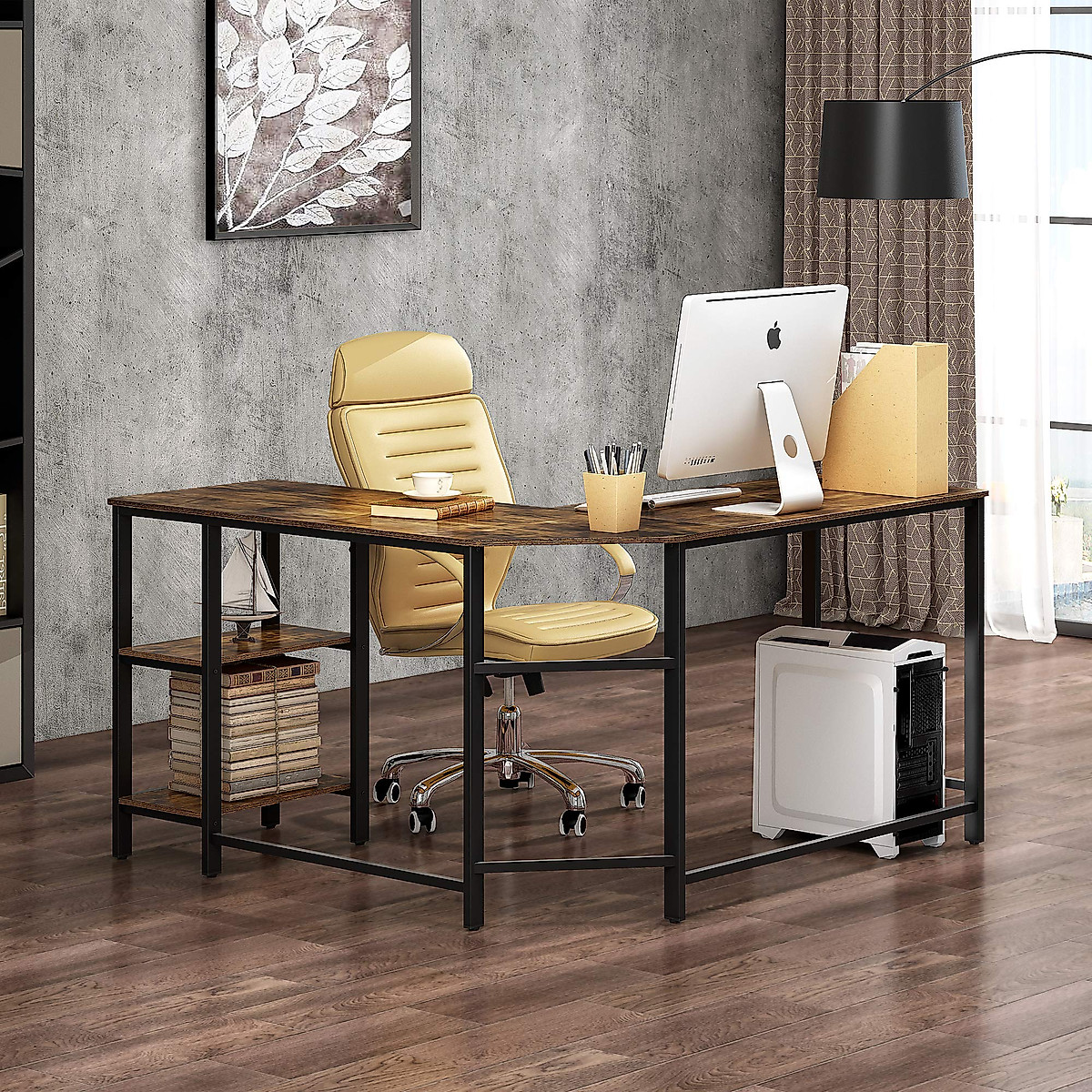 Function Home 54 Inch L-Shaped Computer Desk, Corner Desk with Reversible Storage Shelves, PC Work Desk Workstation for Home, Office