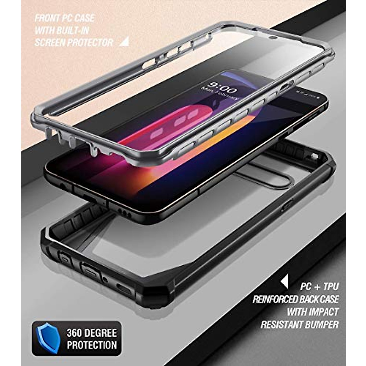 Poetic Guardian Series Case Designed for LG V60 ThinQ Case, Full-Body Hybrid Shockproof Bumper Cover with Built-in-Screen Protector, Black/Clear