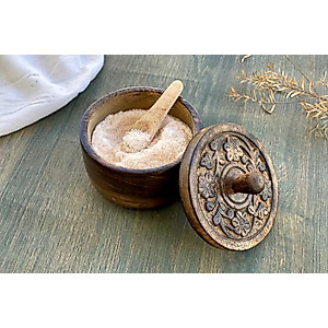 Rustic Salt Box Cellar with Hand Carved Lid & Spoon, Wooden Salt Pinch Bowls | Wood Salt Keeper, Spice Bowls for Cooking | Salt Pepper Tea Sugar Coffee Storage Holder for Kitchen, Mothers Day Gift