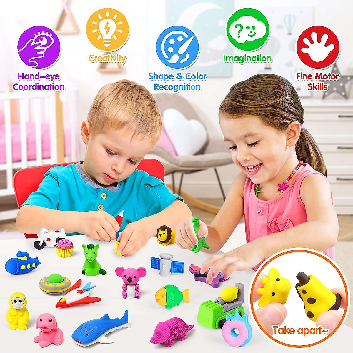 70 Pack Animal Erasers for Kids Bulk Desk Pets Classroom Prizes Treasure Box Toys for Classroom Supplies, 3D Puzzle Mini Erasers Pencil Eraser Back to School Supplies for Kids Party Favors (Random)