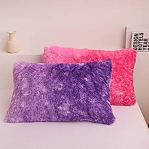 Holawakaka Pink Purple Ombre Stars Shaggy Fuzzy Duvet Cover Set Queen Size Faux Fur Bedding Sets (Pink Purple, Queen)
