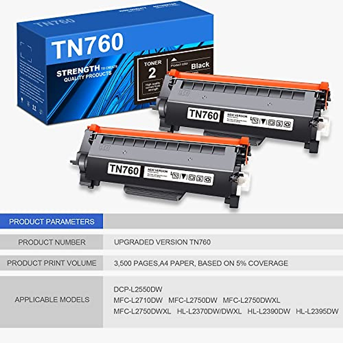 XAV Compatible TN 760 Toner Cartridge Replacement for Brother TN-760 TN760 TN 760 for HL-L2395DW HL-L2390DW HL-L2370DW HL-L2350DW MFC-L2750DWXL L2750DW L2710DW DCP-L2550DW Printer (2PK TN760 Toner)