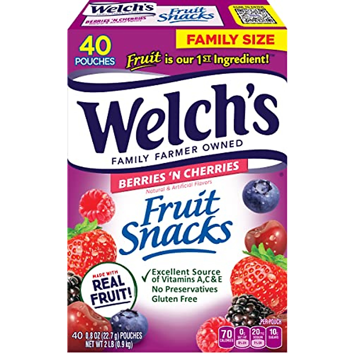 Welch's Fruit Snacks, Berries 'n Cherries, Perfect for School Lunches, Gluten Free, Bulk Pack, Individual Single Serve Bags, 0.8 oz (Pack of 40)