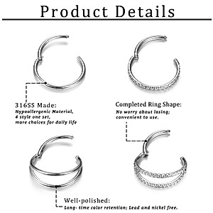 Dochais Surgical Steel Nose Rings and Earrings - 8mm and 10mm Hoops and Hinged Clicker Rings for Septum, Conch, Lip and Cartilage Piercings