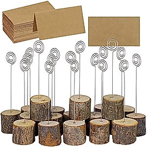 Supla 20 Pcs Rustic Wood Place Card Holders with Swirl Wire Wooden Bark Memo Holder Stand Card Photo Picture Note Clip Holders 5.8" and Kraft Place Cards Bulk for Wedding Party Table Number Name Sign