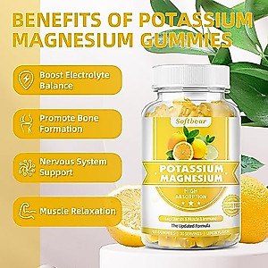 Potassium Magnesium Supplement Gummies for Women Men, Sugar Free Potassium Gummies for Leg Cramps & Muscle & Immune Health, High Absorption Magnesium Gummies Lemon Flavor 120 Count