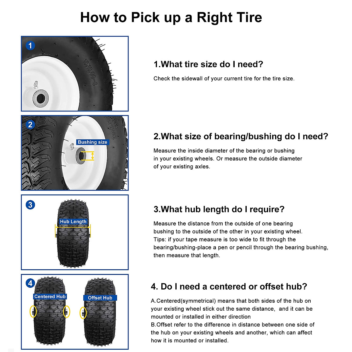 15x6.00-6 Lawn Mower Tires, Riding Lawn Mower Tires 15x6.00-6, 4 Ply Tubeless Lawn Tractor Tires, 3" Offset Hub Long with 3/4" Bushings, Pack of 2