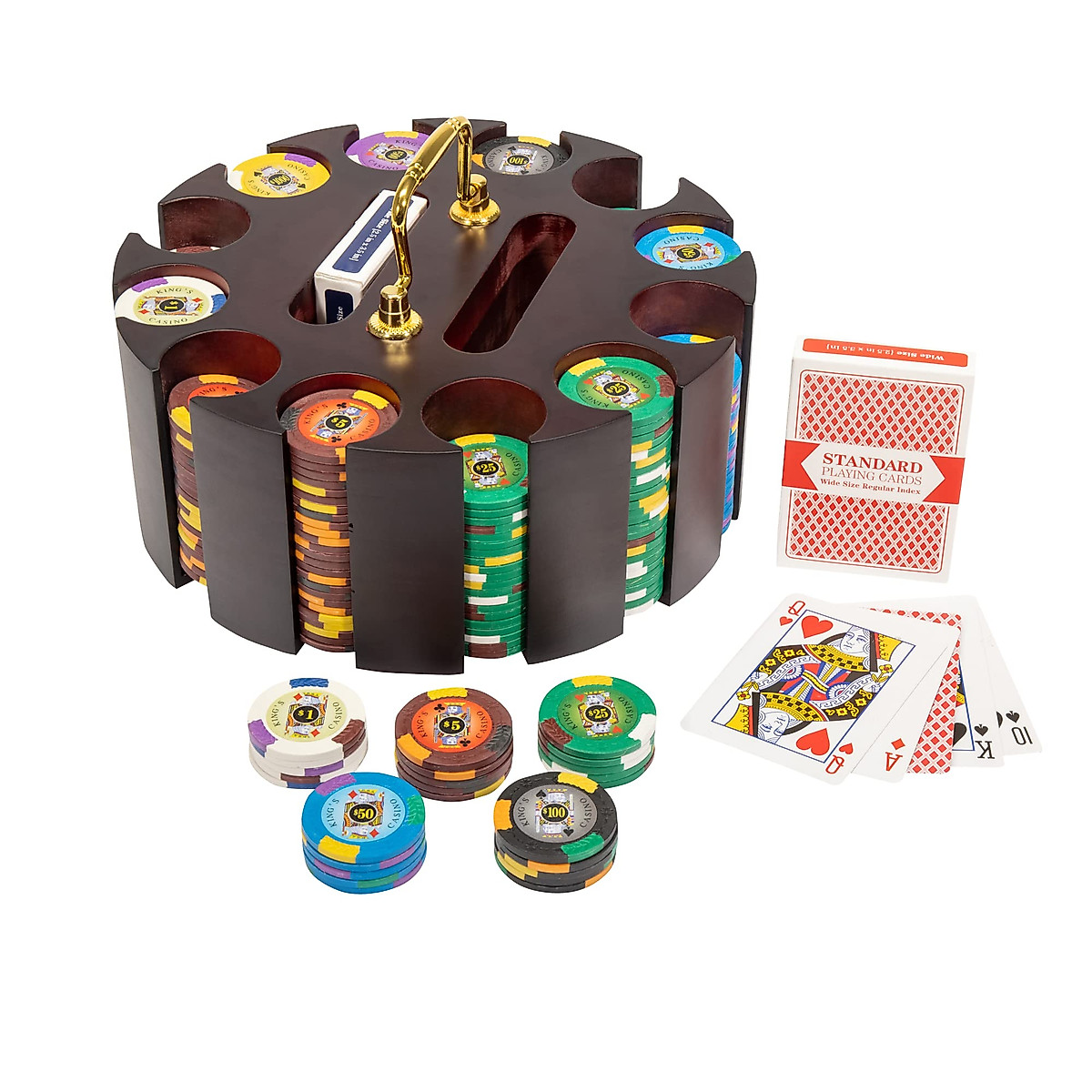 MBGBrybelly King's Casino Poker Chip Set in Wooden Carousel Carry Case - Casino Clay Composite 14-Gram Quality Chips - Convenient Rotating Tray Includes Playing Card Decks - Chip Protection (300 ct)