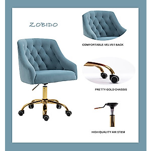 ZOBIDO Comfy Home Office Task Chair with Wheels, Cute Modern Upholstered Velvet Seashell Back Adjustable Swivel Vanity Desk Chair, for Women, for Girls, Living Room(Haze Blue)