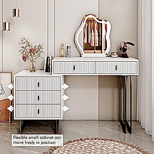 leejdn White Vanity Desk with 3-Color Touch Screen Lighted Mirror, 5 Drawers, Makeup Vanity Table Set with LightsDressing Table for Women Girls