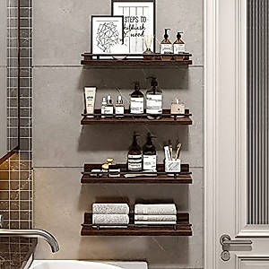 Fixwal Floating Shelves, Bathroom Wall Decor Set of 4, Rustic Farmhouse Wood Bathroom Wall Shelves for Bathroom, Living Room, Kitchen, Bedroom (Carbonized Black)
