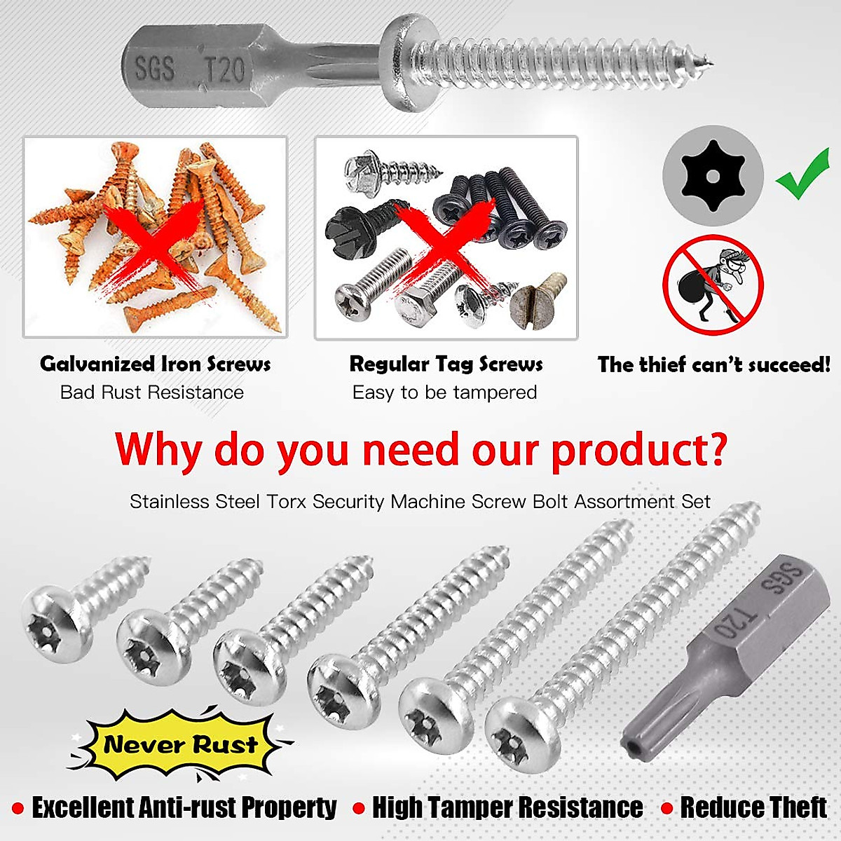 Hilitchi 50 Pcs #8 x 3/4” Stainless Steel Button Head Torx Sheet Metal Screws Security Silver Screws Anti-Theft Tamper Proof with Bit T20