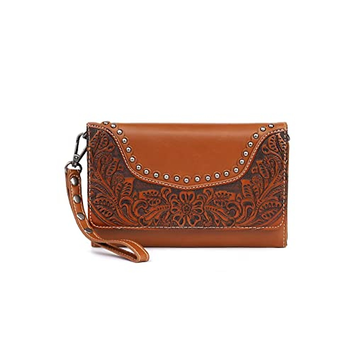 Montana West American Bling Tooling Collection Wallet Western Crossbody Bag Wristlet Purse for Women with Phone Pocket Brown MBB-FIO-006BR