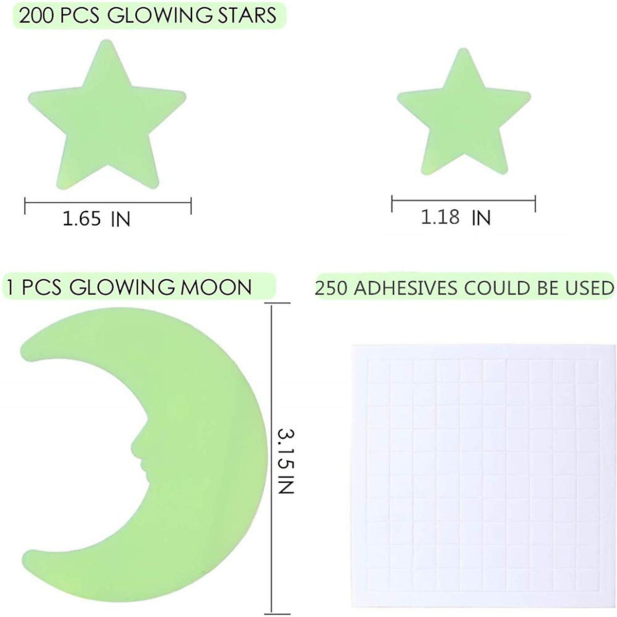 Glow in The Dark Stars - Glow Stars Stickers for Ceiling,Self Adhesive 3D Glowing Stars and Moon for Starry Sky,Wall Decals for Kids Rooms,Wall Stickers for Bedroom(200 Stars,1 Moon）