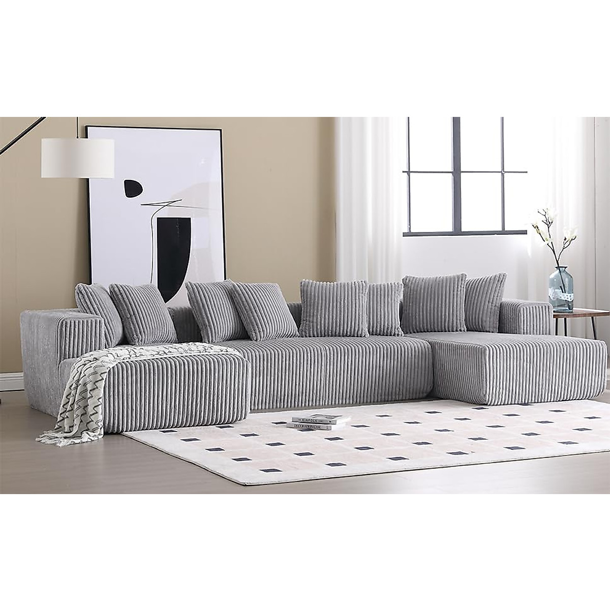 VnndeNest 131" Modular Sectional Couch, Comfy Corduroy Striped Fabric Floor Sofa, Luxury U-Shape Sectional Sofa with Chaise Lounge, Free Combination Sleeper Sofa for Living Room, Apartment, Grey
