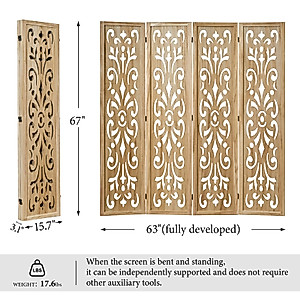 Svimi Folding Room Divider, 66.9 Inch Wood Carved Privacy Screens, Free Assembled Freestanding Portable Classical Decorative Partition for Home Office Restaurant Bedroom (4 Panels, Natural)