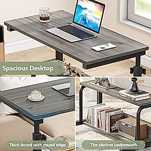 Tribesigns Small Portable Desk Side Table with Wheels, Height Adjustable Sofa Couch Bedside Laptop Table, Mobile Standing Computer Cart C Shaped Rolling TV Tray with Storage Shelves (Gray)