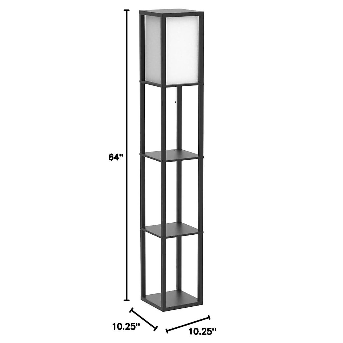 Floor Lamp with Shelves - Room Light by LIGHTACCENTS - Corner Storage Standing Bookshelf Lamp - Bedroom Light with Wooden Storage Shelves and White Cotton Linen Shade (Black)