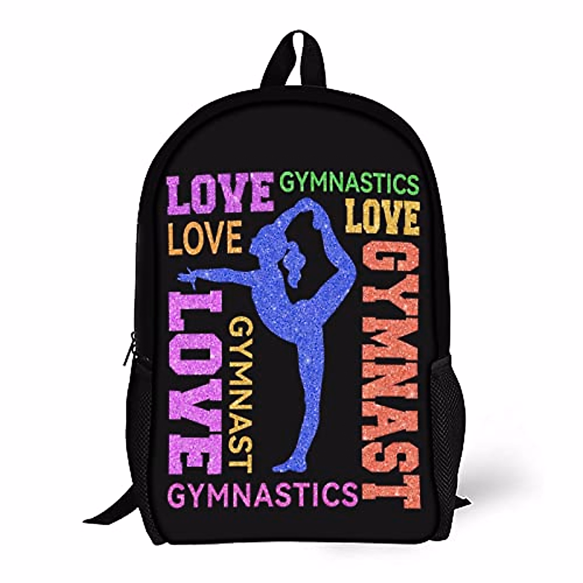 WZOMT Gymnastics Backpack for Girls Women, Colorful Love Gymnastics Gymnast on Black Bookbags Shoulder Schoolbag Rucksack Daypack Water Resistant Sport Hiking Travel Bags Gifts Large 17"
