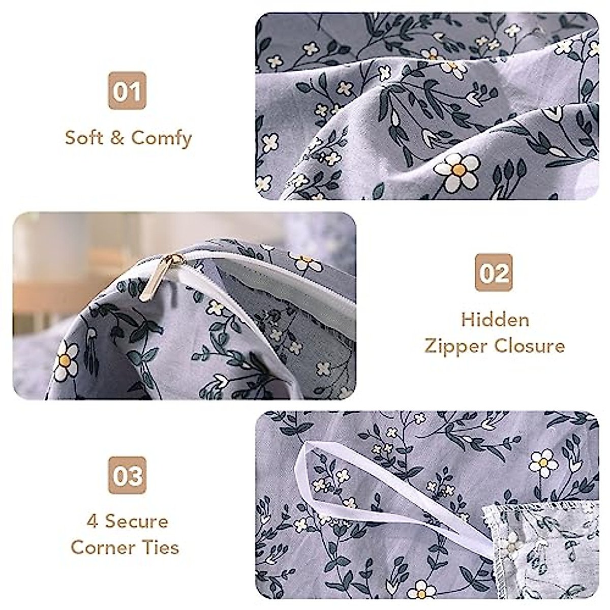Lekesky Cotton Duvet Cover Set 100% Washed Cotton Queen Size Floral Printed Bedding Duvet Cover Set Garden Style Comforter Cover Set 3 Pcs Soft Bedding Set with Zipper Closure and 4 Ties