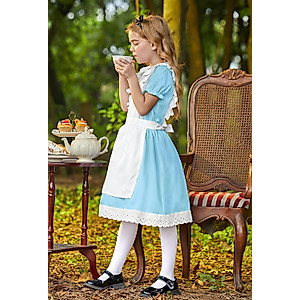Halloween Child Girls Alice Outfit Puff Sleeve Casual Ruffle Trim Midi Dresses with Headband Blue 10 Years