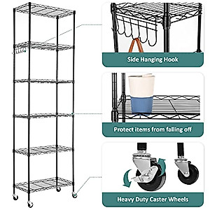Homdox 6-Tier Storage Shelf Wire Shelving Unit Free Standing Rack Organization with Caster Wheels, Stainless Side Hooks, Black