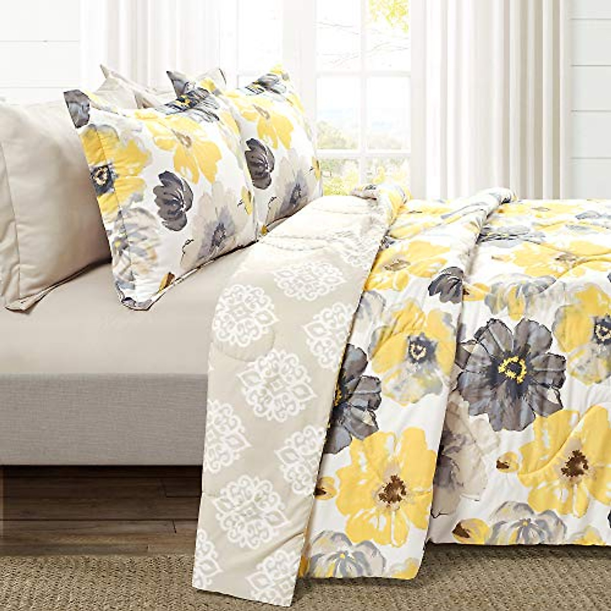 Lush Decor Leah 6 Piece Floral Comforter Set, Full/Queen, Yellow & Gray