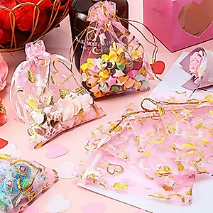 Hikkcos 100PCS Valentine's Day Organza Bags Love Heart Gift Bag Jewelry Packaging Pouch Drawstring Bag Wedding Favors Bag for Valentine's Day Wedding Party