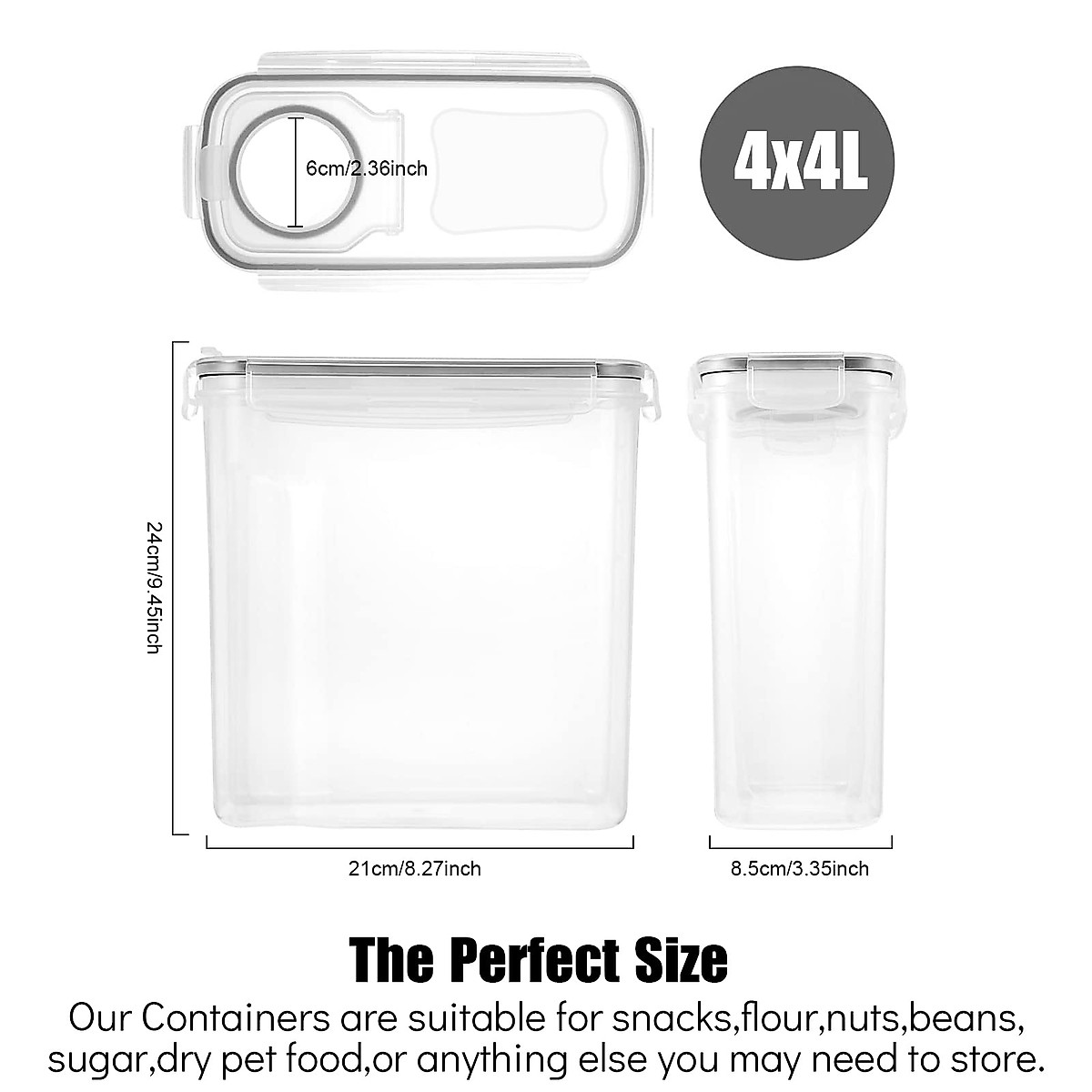 HOHAOO Cereal Storage Containers,Set of 4 4L Plastic Food Storage Box Cereal Dispenser Food Grade Durable Airtight Cereal Container with Lids,Pen and 24 Labels for Kitchen Storage & Organization