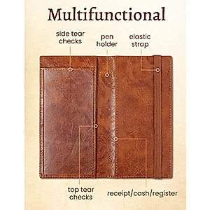 Yarnic Checkbook Cover for Personal Checkbook, Checkbook Holder with Pen Holder & Built-in Clear Plastic Divider for Duplicate Checks (Brown)