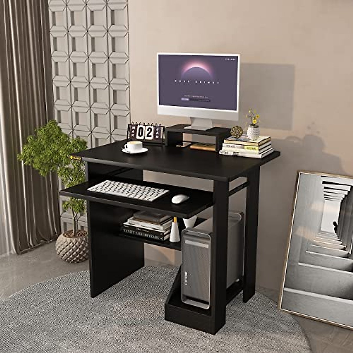 ALISENED Home Office Computer Desk with Monitor Stand Keyboard Tray, 29.5 Inch Study Writing Desk Small PC Laptop Table with Storage Shelves, Modern Workstation for Small Spaces Save Space