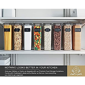 Chef's Path Airtight Food Storage Containers (Set of 4, 2.8L) - Tall Pasta Storage Containers for Pantry & Kitchen Organization, Spaghetti, Noodles, Cereal - Lids, Noodle Measure and Reusable Labels Included