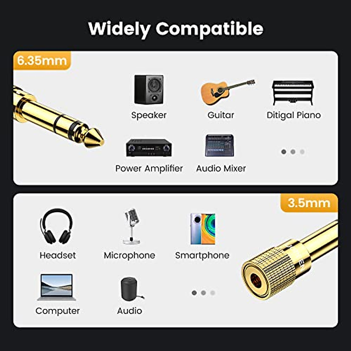 UGREEN 6.35mm 1/4 Male to 3.5mm 1/8 Female Stereo Headphone Adapter Audio Jack Plug Gold Plated for Speaker Headphone Guitar Digital Piano Amp, 2 Pack