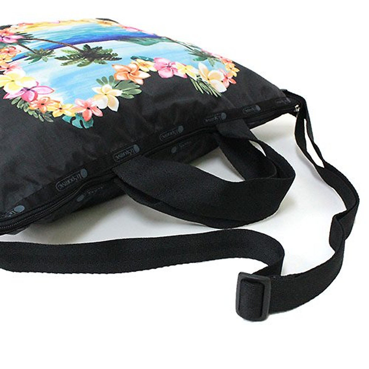 LeSportsac Aloha Sunrise HAWAII EXCLUSIVE Easy Carry Tote Crossbody + Top Handle Handbag, Style 2431/Color K586, Placement Print - Vibrant Tropical Lei Flowers & Palm Trees, Aloha Printed Front & Back