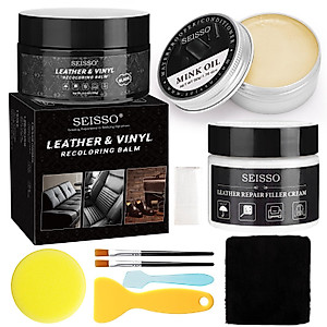 Black Leather Recoloring Balm, Leather & Vinyl Repair Kit with Mink Oil & Leather Filler for Leather Scratch Peeling, Fading Shoes, Vinyl Furniture, Car Leather, Sofa