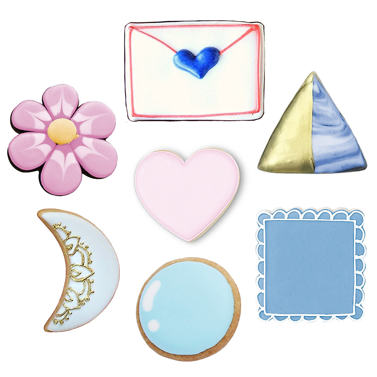 Basic Geometric Classic Shapes Cookie Cutters 7-Pc. Set Made in USA by Ann Clark, Heart, Circle, Square, Rectangle, Triangle, Crescent Moon, Flower