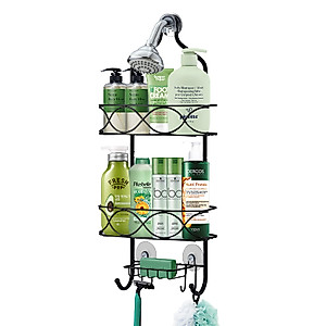 ONTOTY Shower Caddy Hanging, No Drilling & Rustproof Hanging Shower Organizer, Anti-Swing Shower Caddy Over Shower Head with 2 Strong Suction Cup, 6 Hooks and Soap Basket, for Bathroom, Soap, Razor