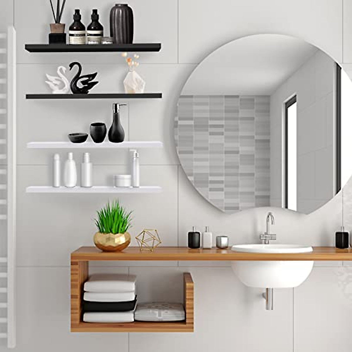 OYUGET Black Floating Shelves, 15.7 Inch Rustic White Wall Shelves, Wood Shelves for Wall Storage Decor, Farmhouse Wall Mounted Shelves for Bedroom Bathroom Living Room Kitchen Set of 4