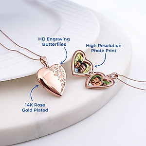 PicturesOnGold.com Personalized Rose Gold Butterflies Heart Photo Locket Necklace for Women - 3/4 inch x 3/4 inch, Rose Gold, Locket Only