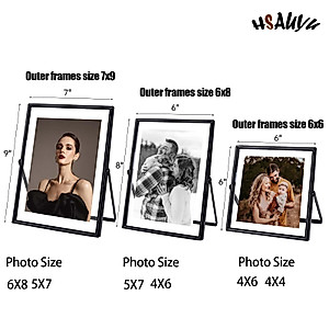 HSAUYU Glass Picture Frame Set of 3, Black Simple Metal Geometric Photo Frame with Glass Cover Includes 5x7, 4x6, 4x4 - Tabletop Floating Picture Frames for Home Decoration, Gift for Father's Day