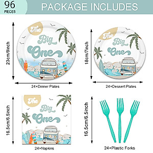 96 Pieces Summer Beach The Big One Tableware Set Boy Surfing First Birthday Decorations Hawaiian 1st Palm Tree Dinner Dessert Paper Plates Napkins Forks Serves 24