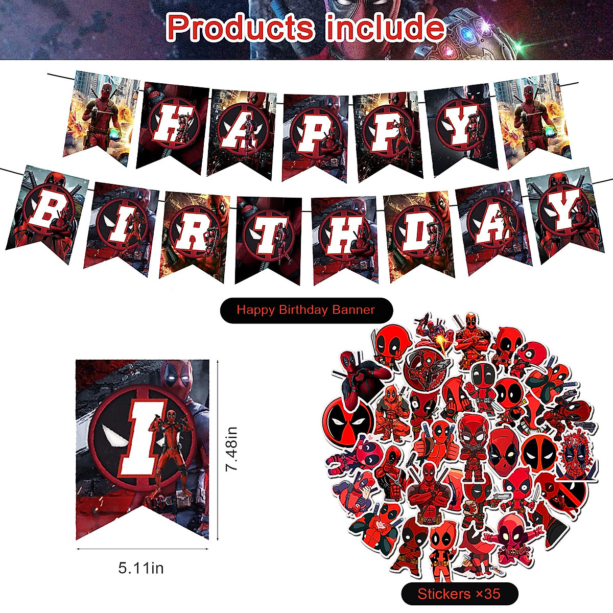 Deadpool Party Decorations,Birthday Party Supplies For Deadpool Party Supplies Includes Banner - Cake Topper - 12 Cupcake Toppers - 18 Balloons - 50 Deadpool Stickers