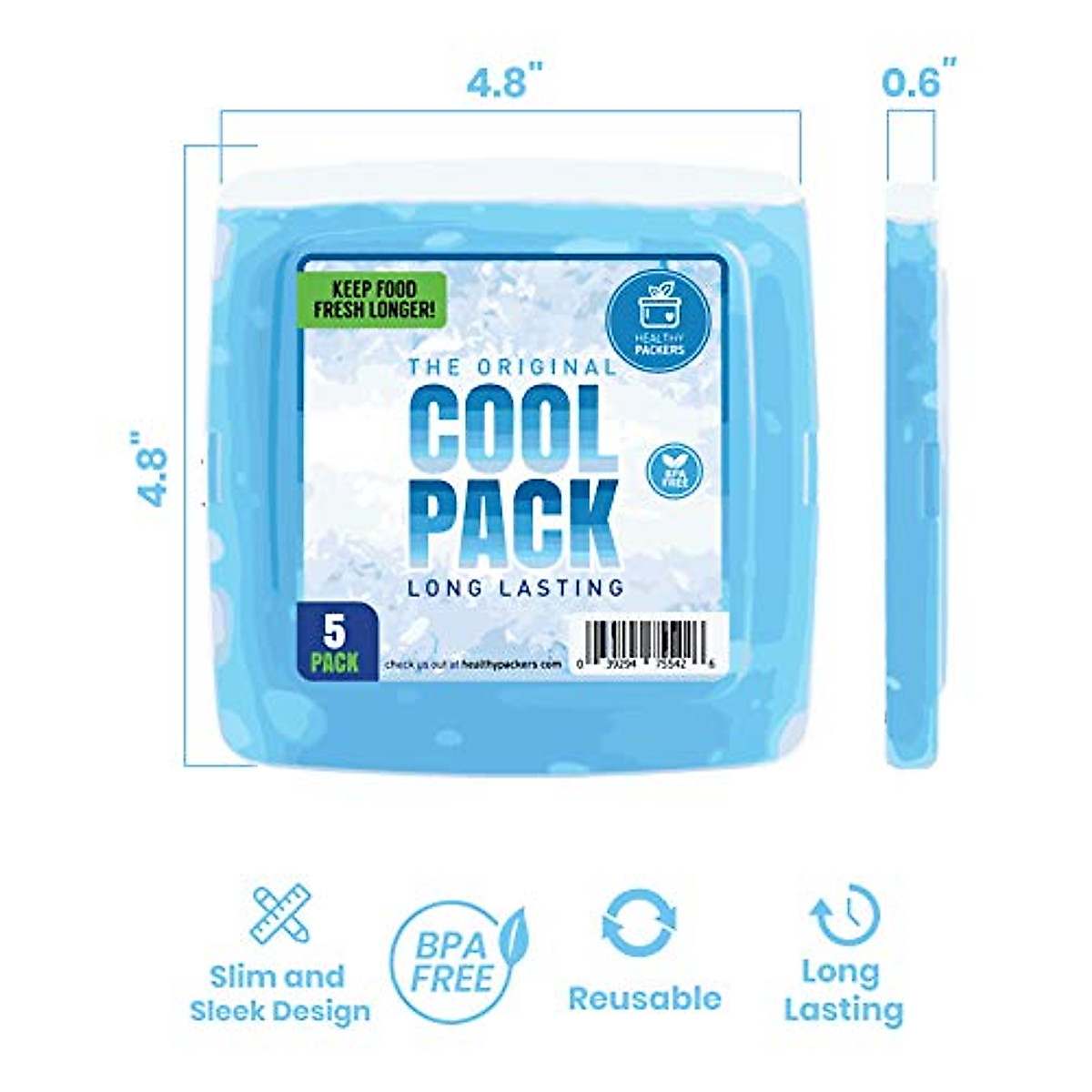 Ice Pack for Lunch Box - 5 Ice Packs - Original Slim & Long-Lasting Freezer Packs for your Lunch or Cooler Bag