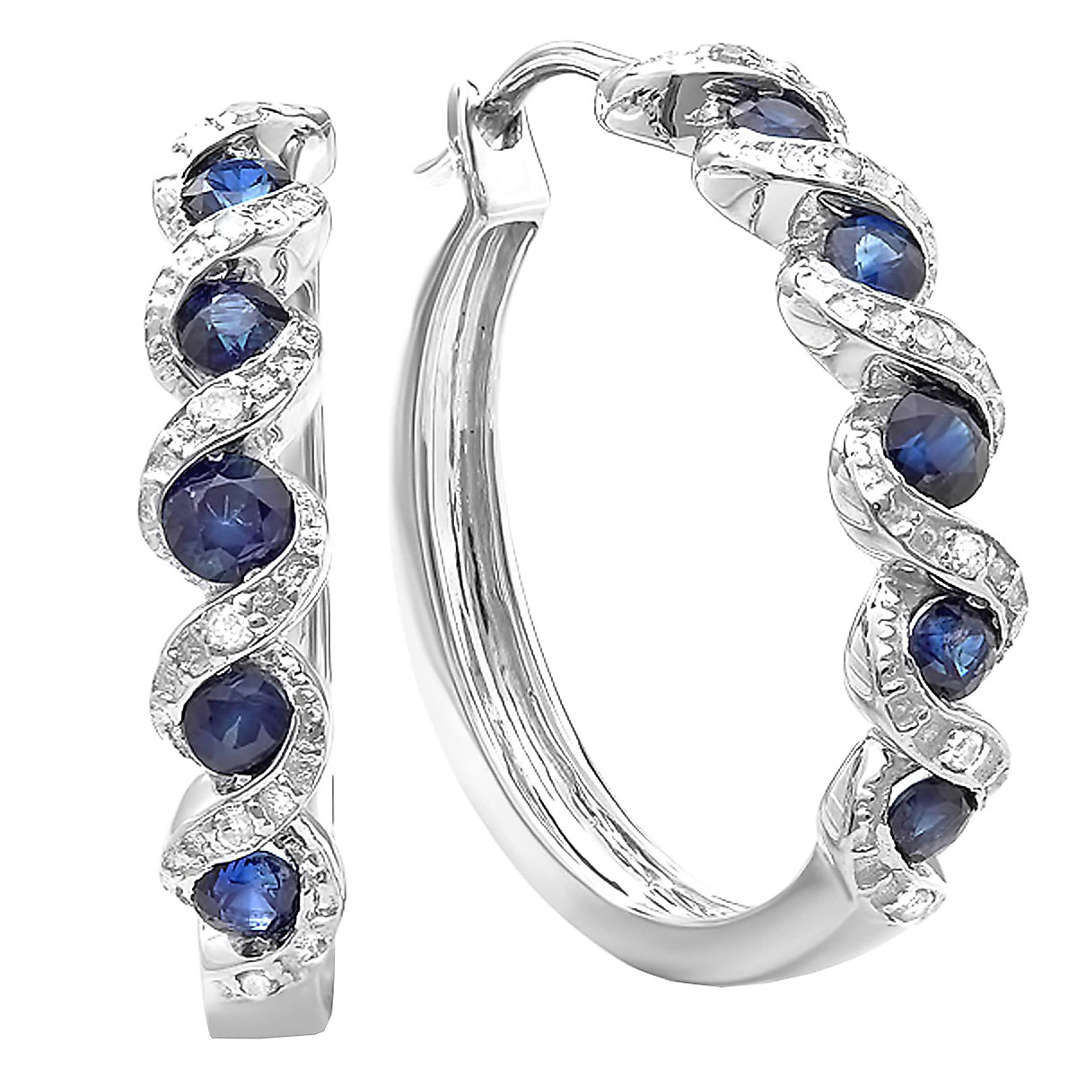 Dazzlingrock Collection Round Blue Sapphire & White Diamond Hoop Earrings | 925 Sterling Silver